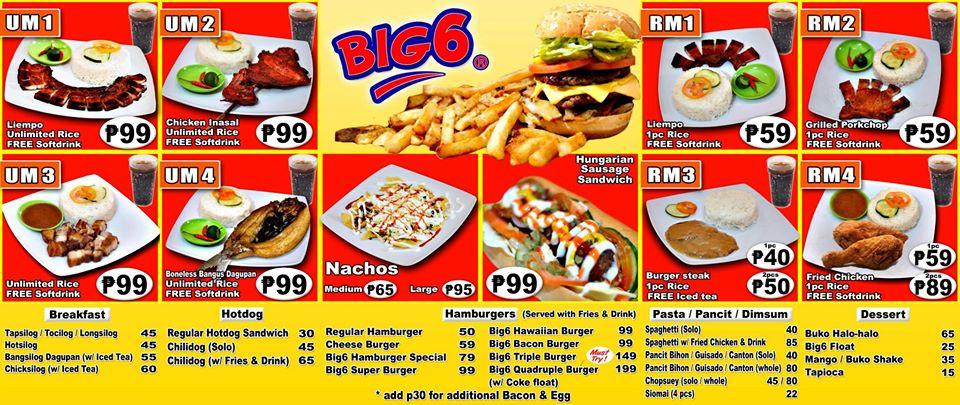 Menu at Big6 Foods restaurant, Batangas