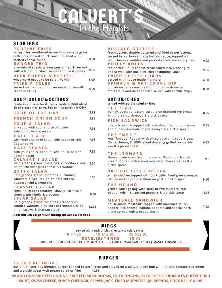 Menu at Calvert's in the Heights pub & bar, Pensacola
