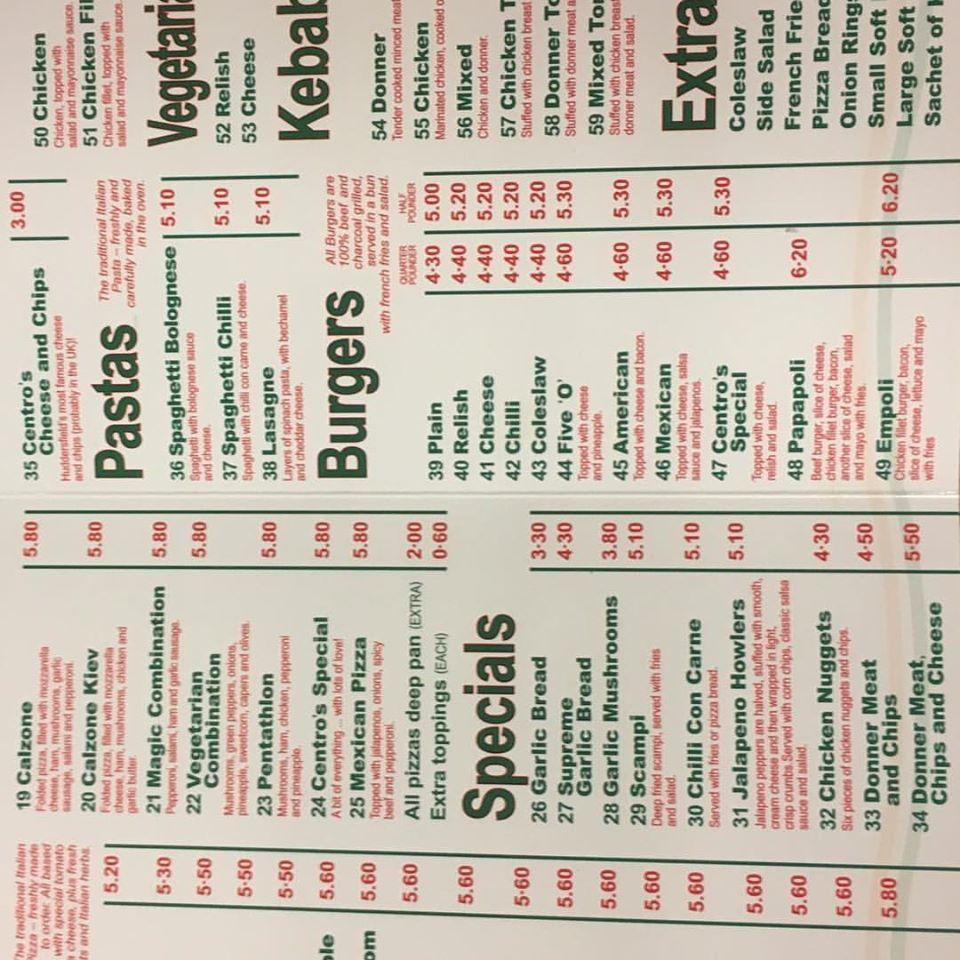 Menu at Centros fast food, Huddersfield