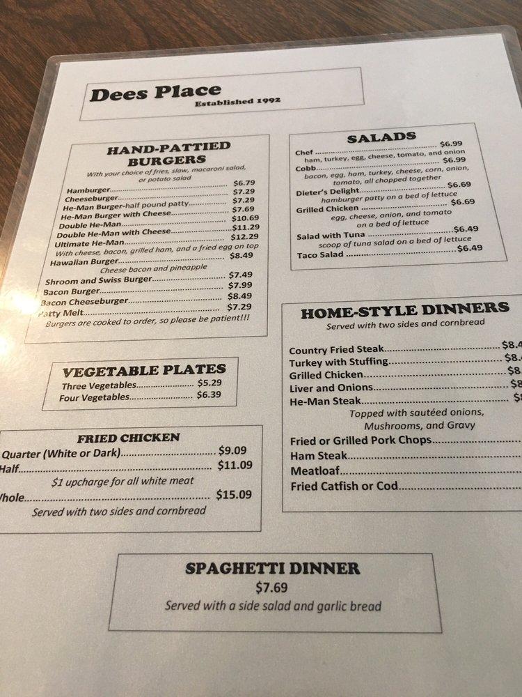 Menu at Dee's Place restaurant, Sebring