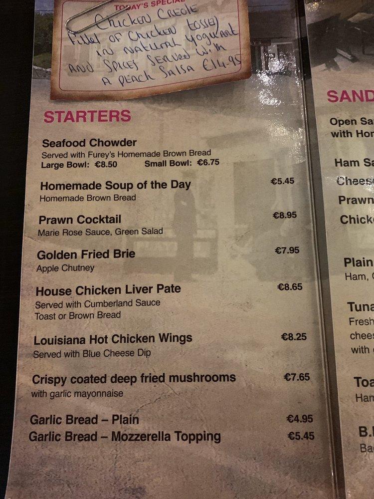 Menu at Fureys Bar, Moyvally