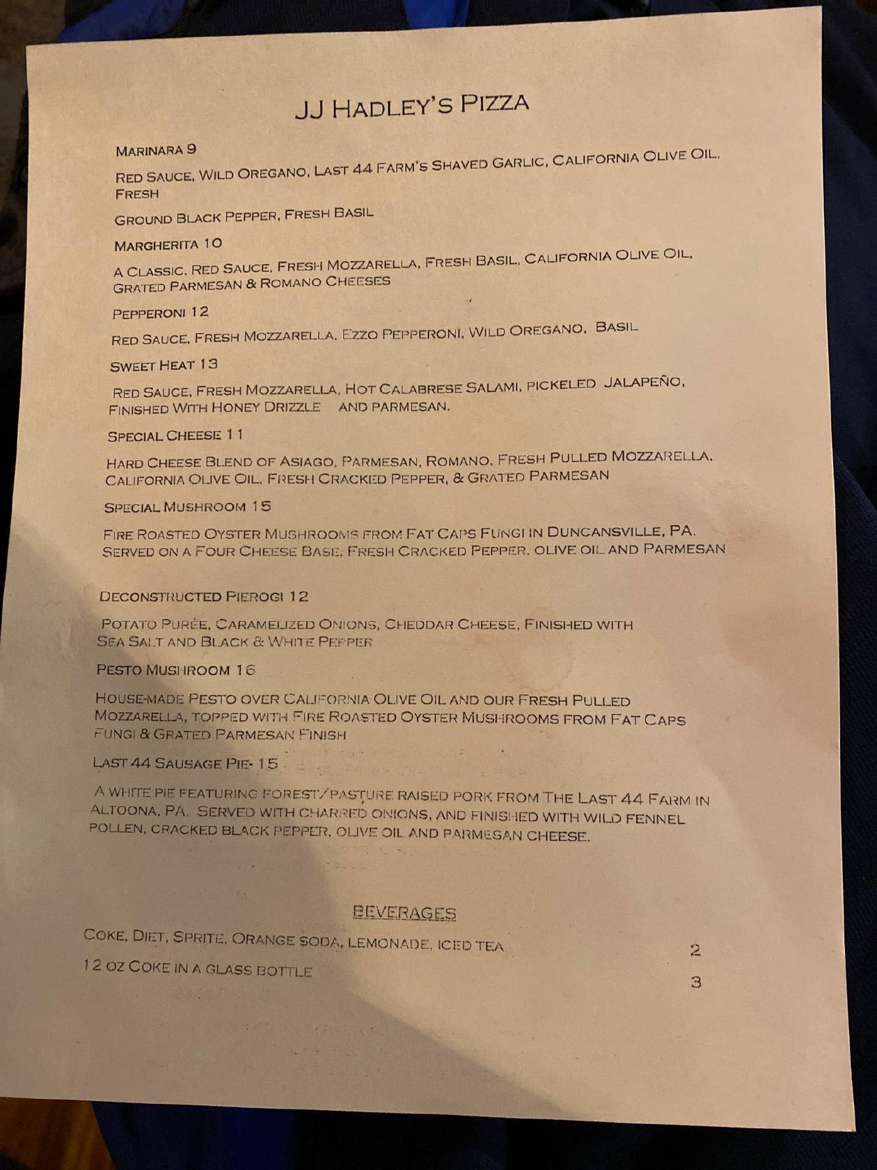 Menu at JJ Hadley pizzeria, Altoona