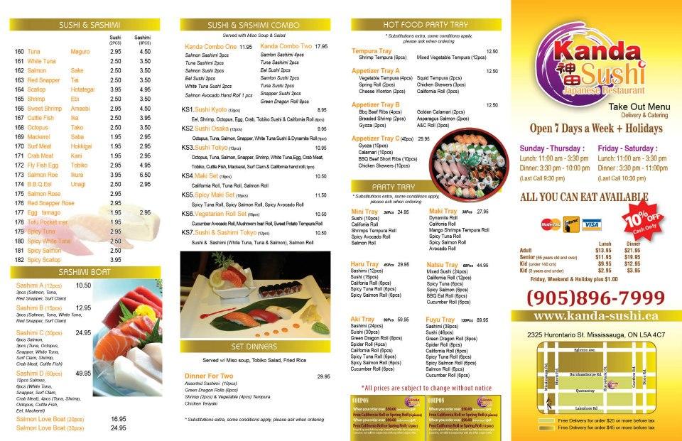 Menu at Kanda Sushi restaurant, Mississauga