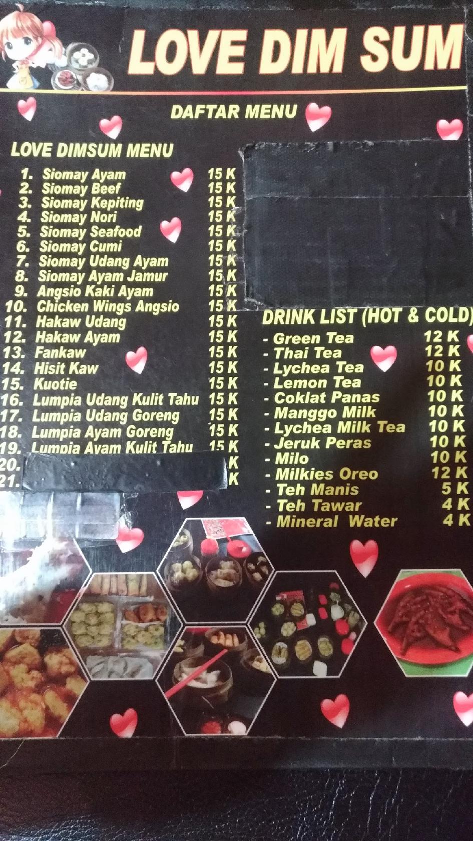 Menu at Love Dim Sum restaurant, Bandung