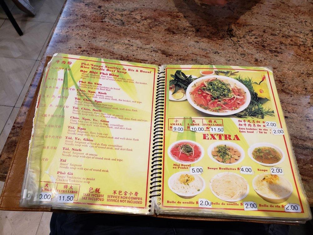 Menu at Pho Bang New York restaurant, Montréal