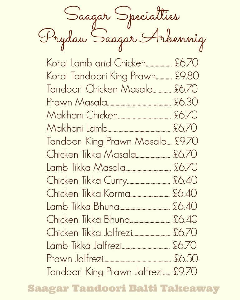 Menu at Saagar Tandoori fast food, Aberaeron