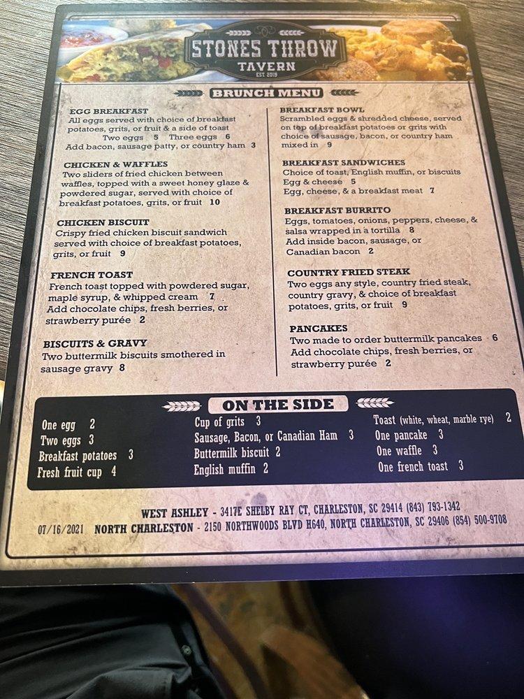 Menu at Stones Throw Tavern pub & bar, Charleston