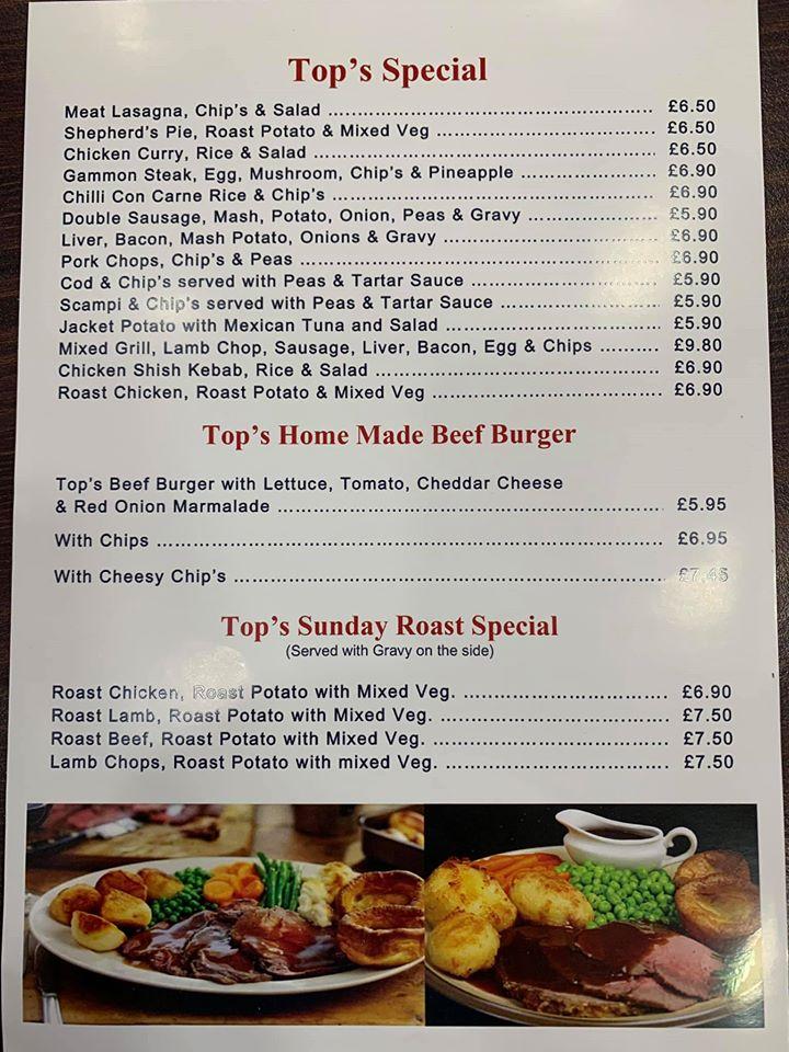 Menu at Top’s Cafe, Hornchurch
