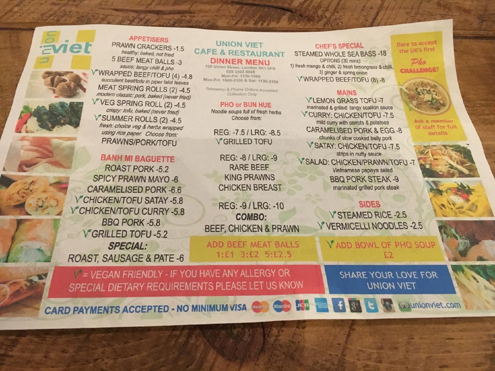Menu at Union Viet Café cafe, London
