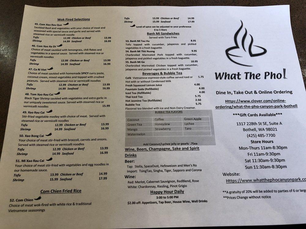 Menu at What the Pho - Canyon Park restaurant, Bothell