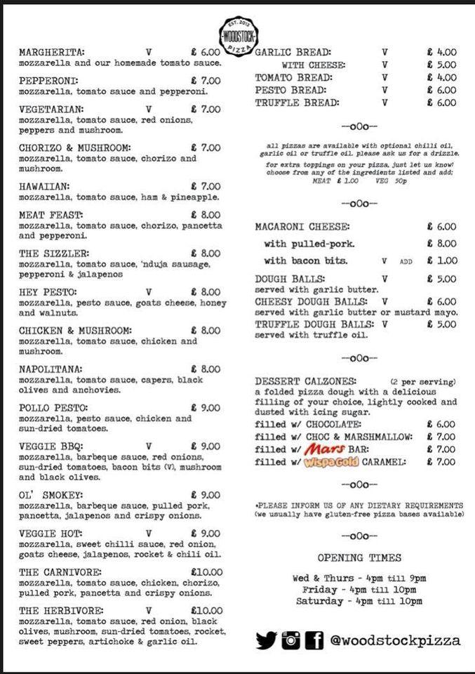 Menu at Woodstock restaurant, Marple