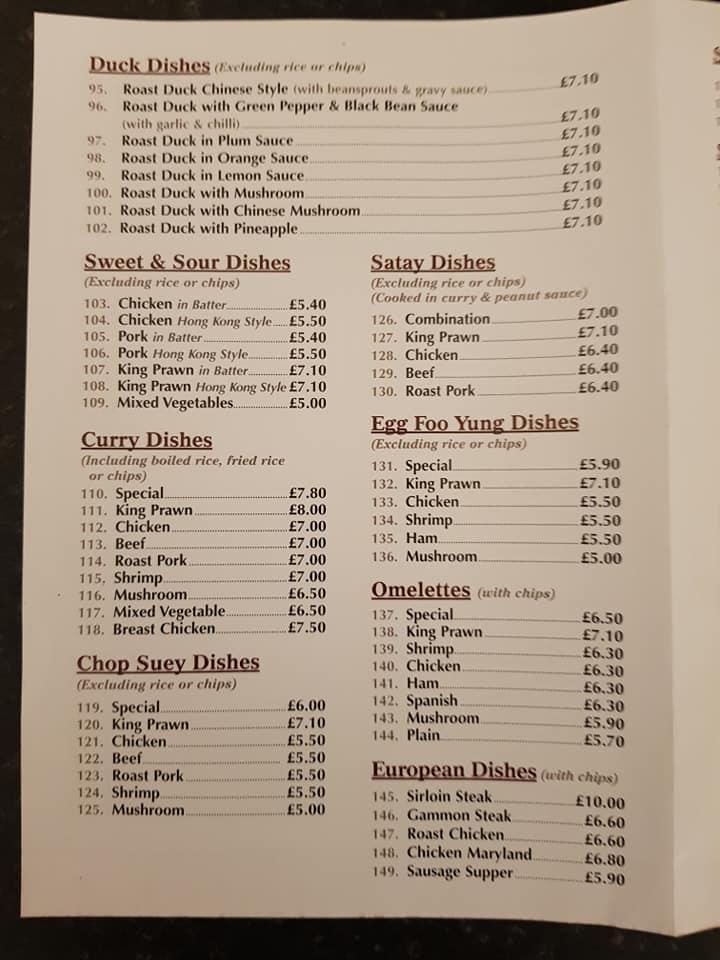 Menu at Golden Ocean restaurant, Campbeltown