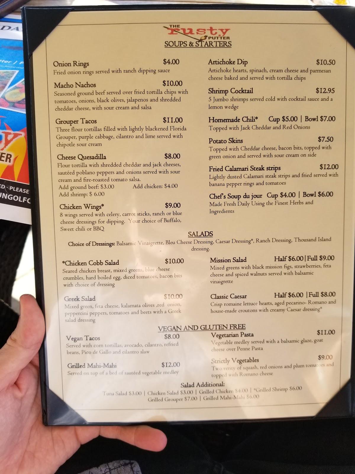 Menu at The Rusty Putter restaurant, Ave Maria