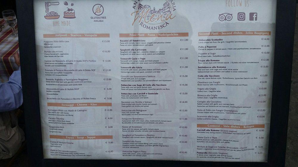 Menu at Antica Hostaria Romanesca restaurant, Rome