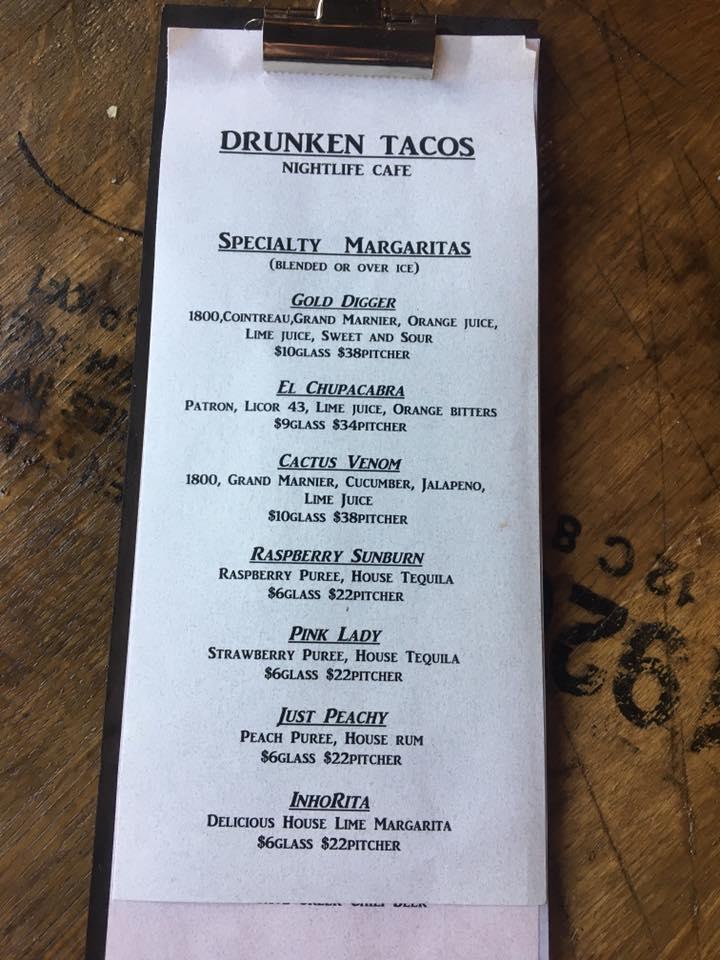 Menu at Drunken Tacos restaurant, Cincinnati