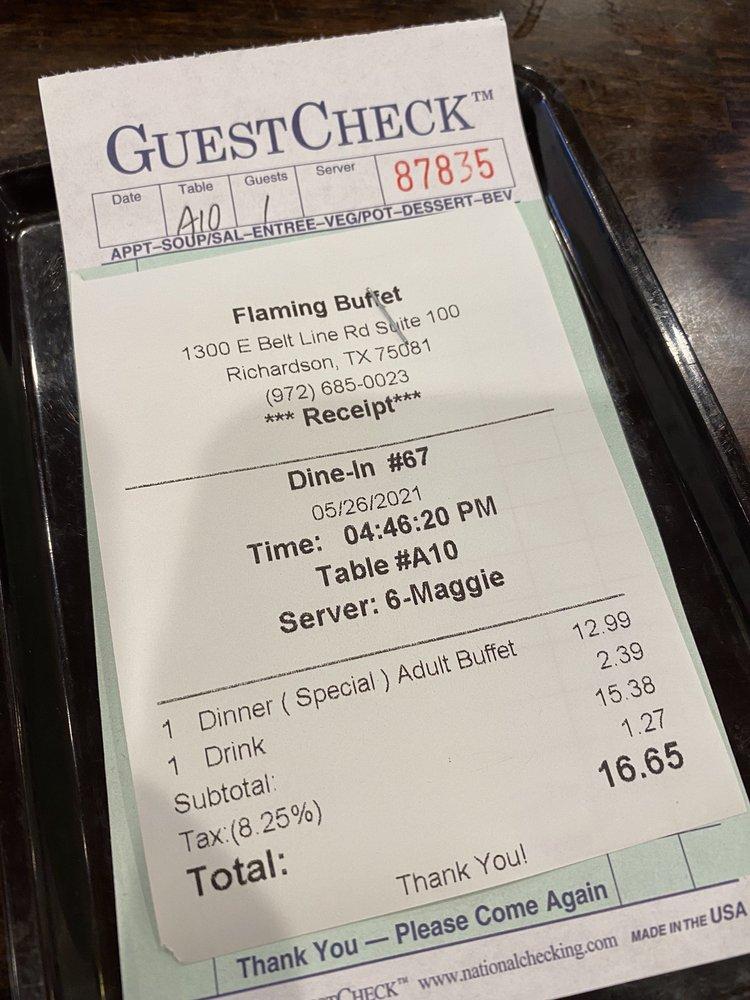 Menu at Flaming Buffet restaurant, Richardson