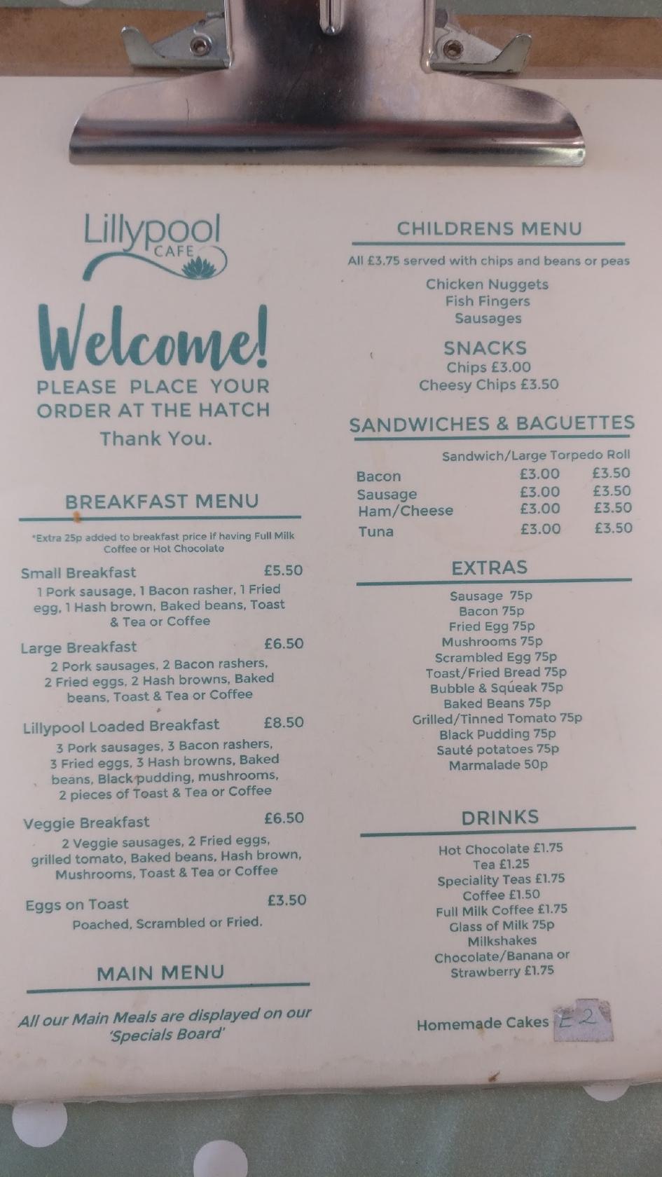 Menu at Lillypool Cafe and farm shop, Winscombe