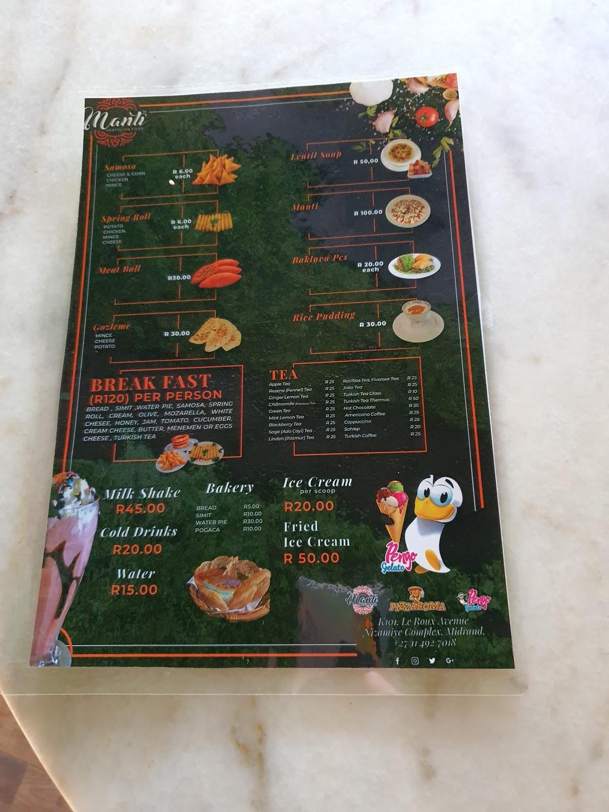 Menu at Manti Anatolian Foods restaurant, Midrand, K101