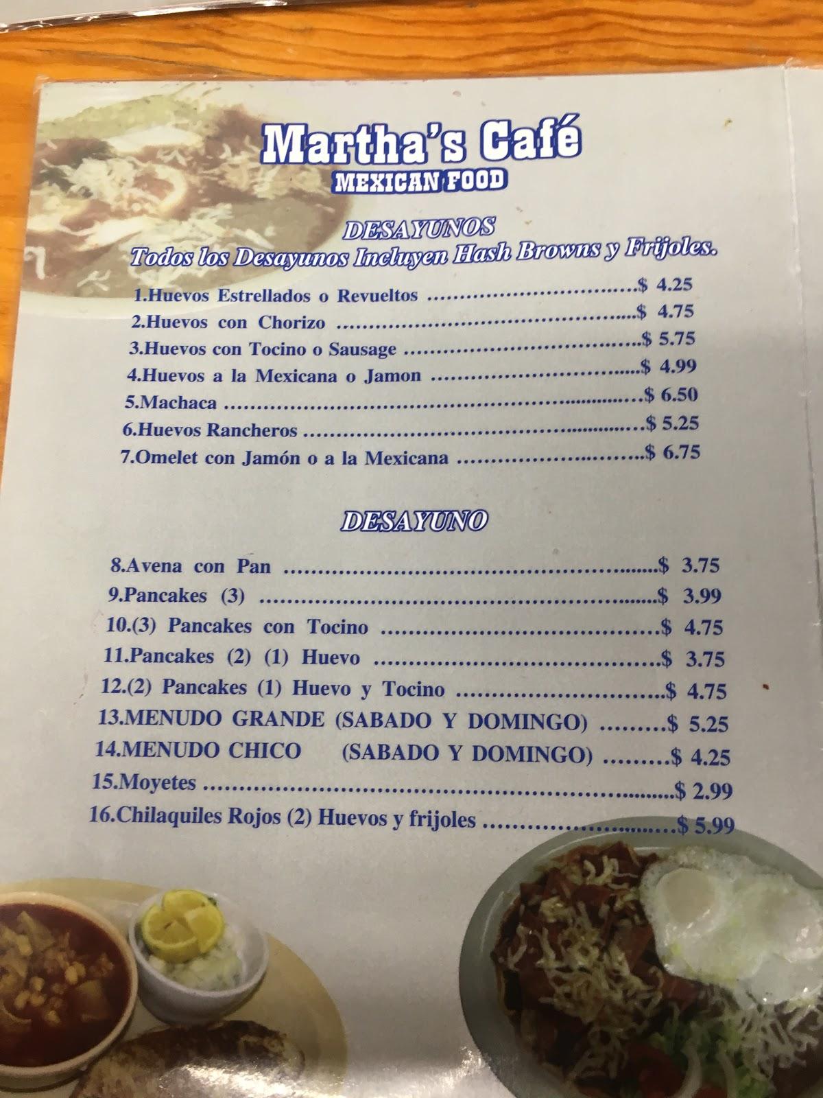 Menu at Martha's Café restaurant, El Paso
