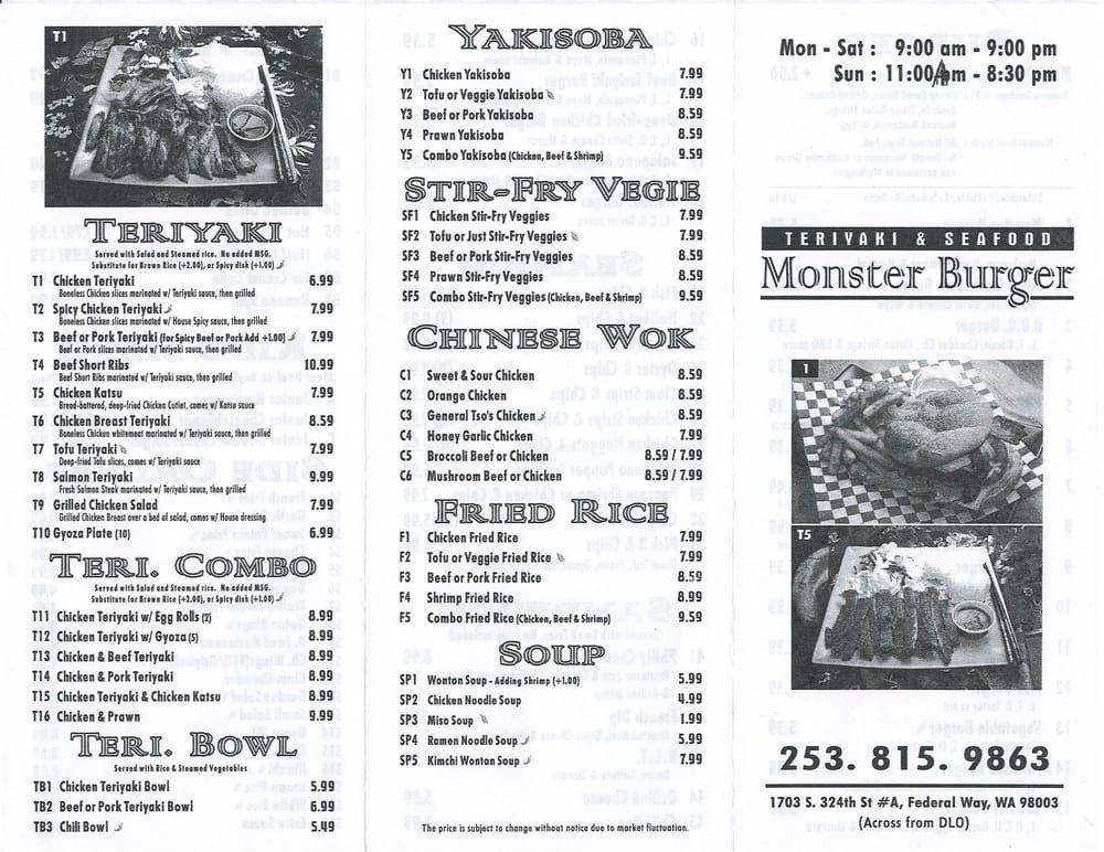 Carta del restaurante Monster Burgers, Federal Way