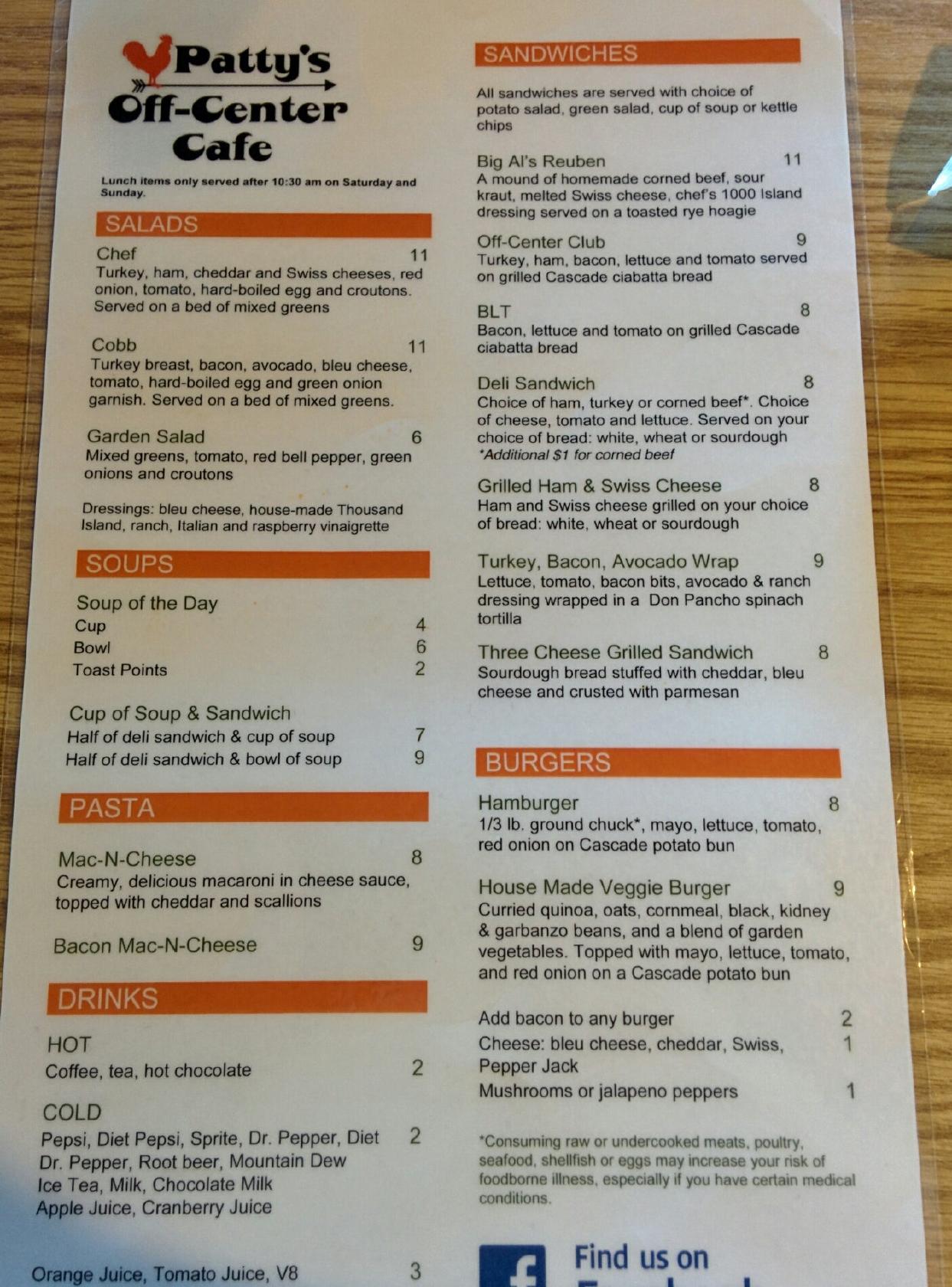 Menu at Patty's Off-Center Cafe, Salem
