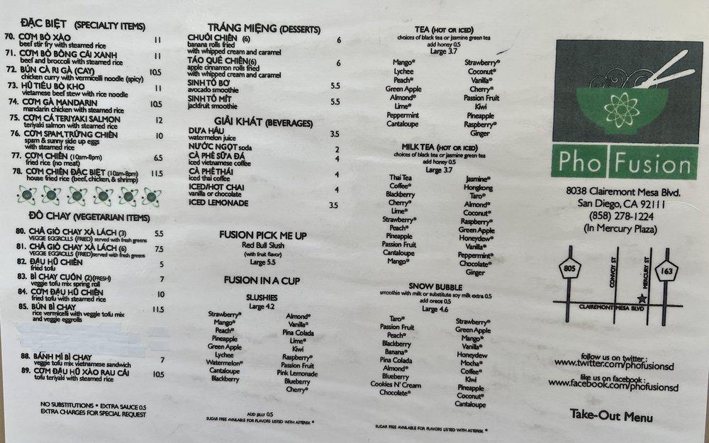 Menu at Pho Fusion restaurant, San Diego, Clairemont Mesa Blvd