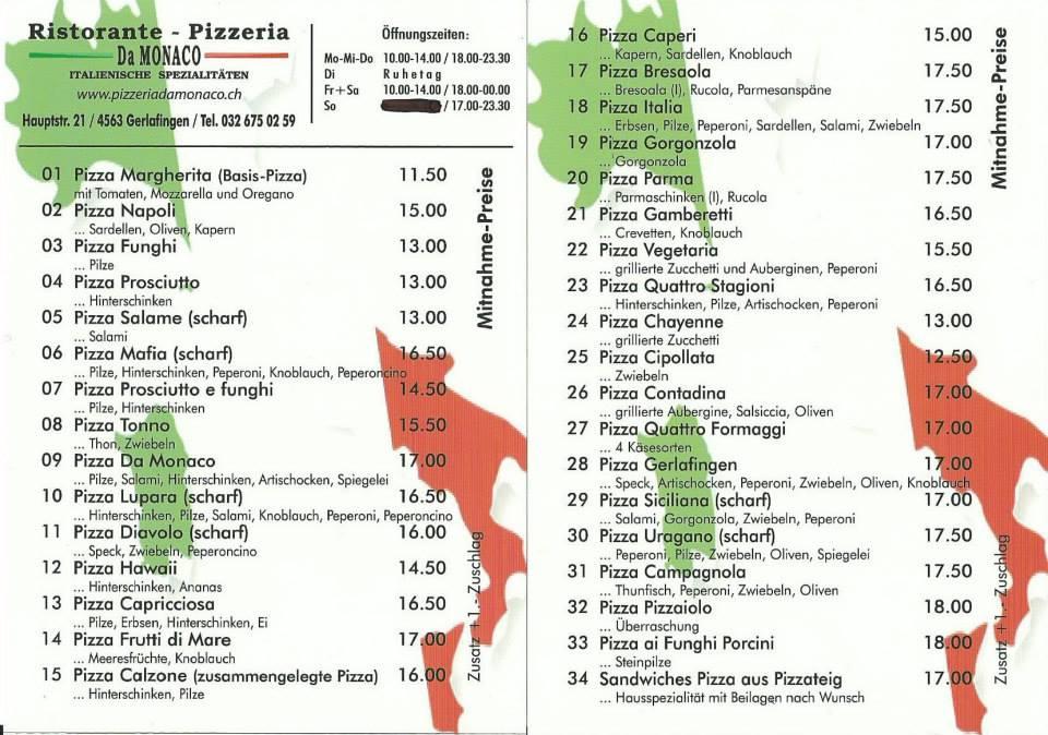 Speisekarte von Pizzeria & Ristorante Da Monaco, Gerlafingen