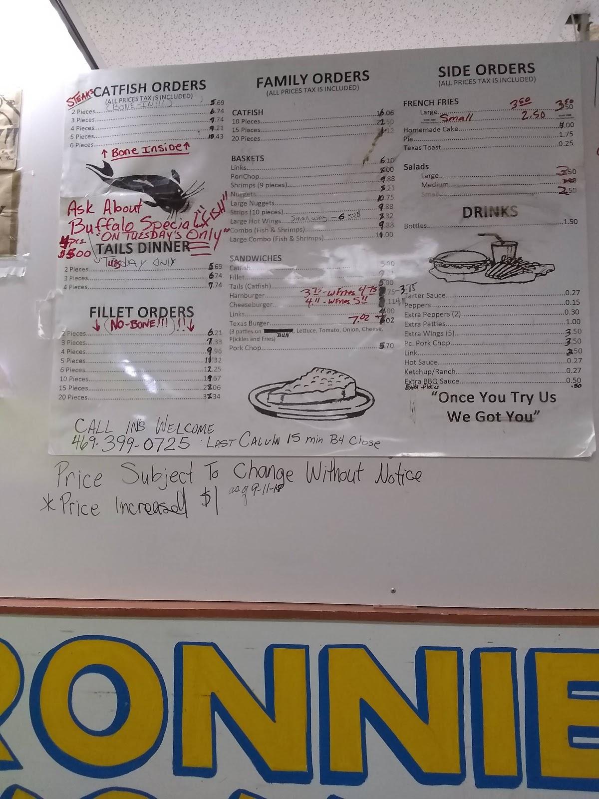 Menu at Ronnie's Catfish & More restaurant, Dallas, E Illinois Ave