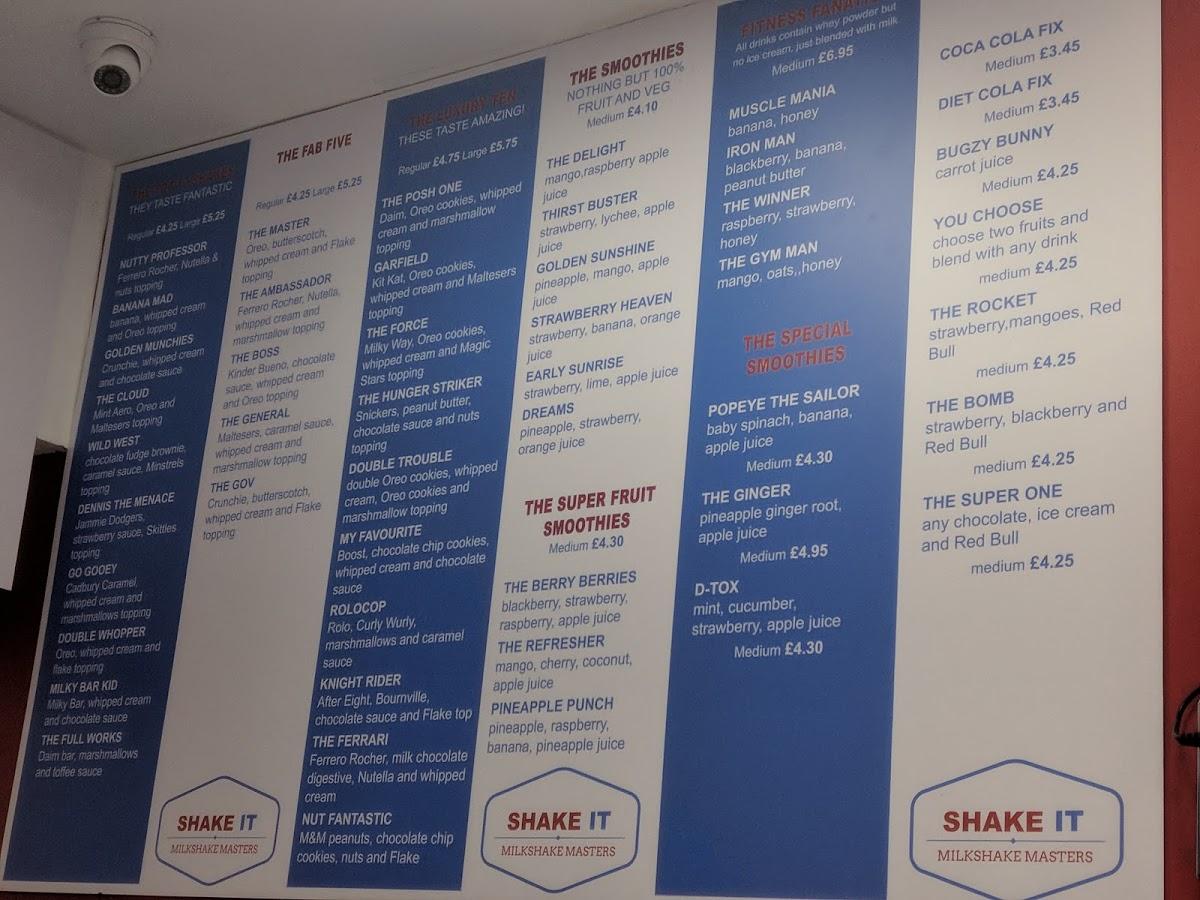 Menu at Shake It cafe, Bedford