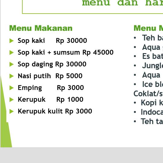 Menu at Sop kaki sapi bang wiwi restaurant, Depok