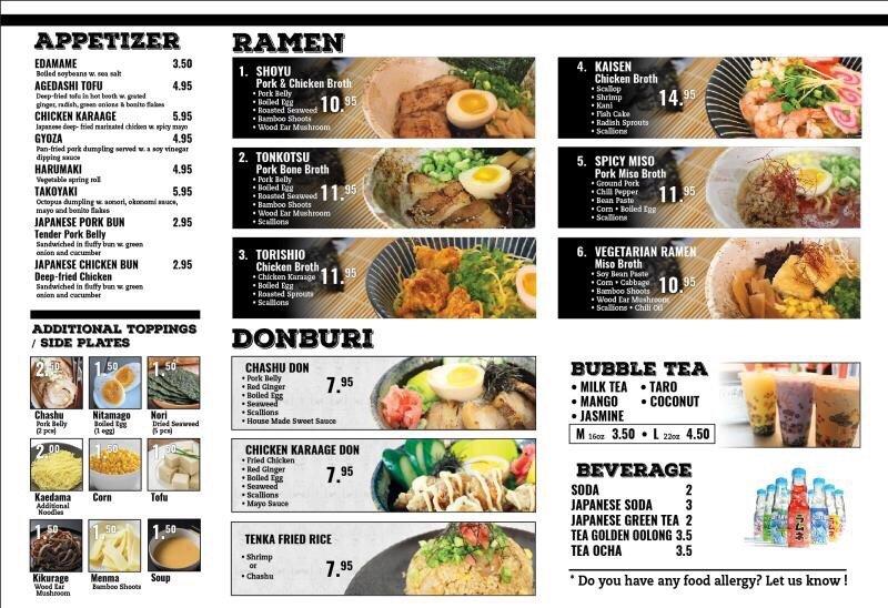 Menu at Tenka Ramen restaurant, Minneapolis