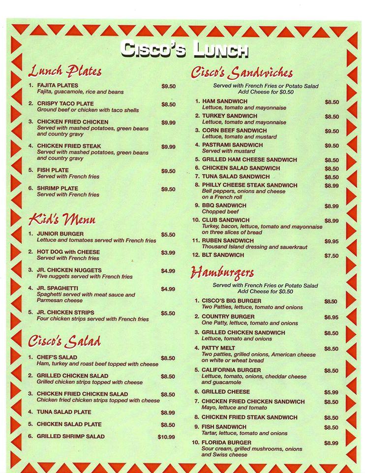 Menu at Cisco's Mexican Restaurant, Houston