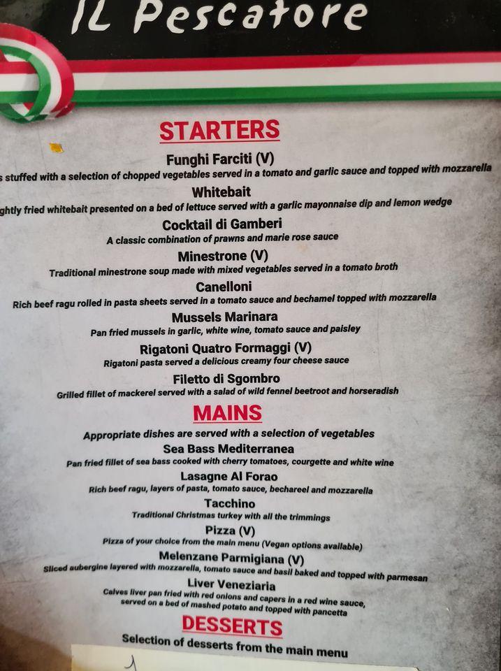 Menu at Il Pescatore restaurant, Southend-on-Sea