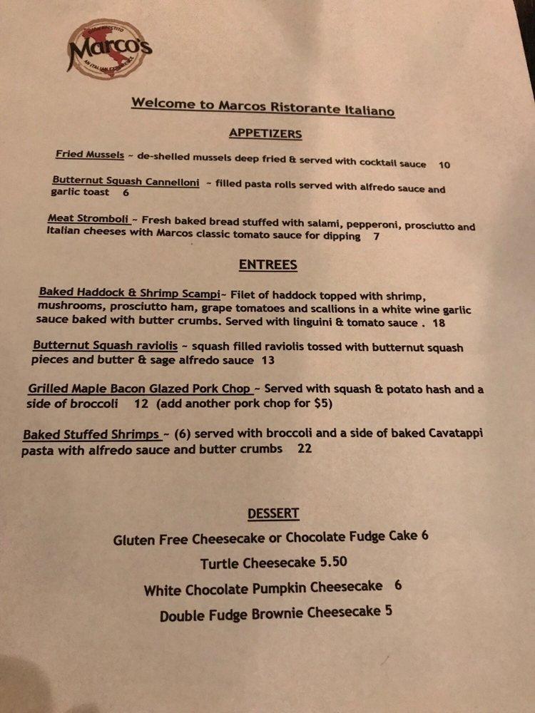 Menu at Marco's restaurant, Lewiston