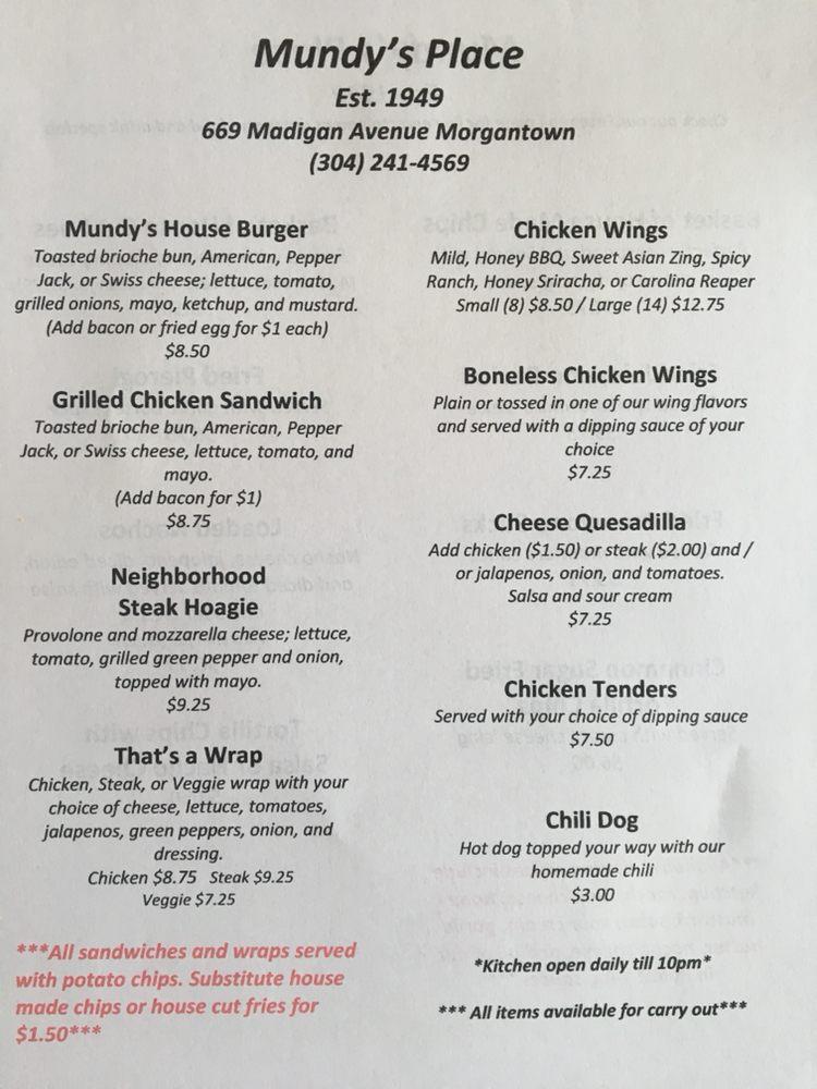 Menu at Mundy's Place pub & bar, Morgantown