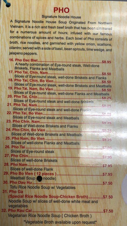 Menu at Pho 95 Vietnamese cuisine restaurant, Cocoa