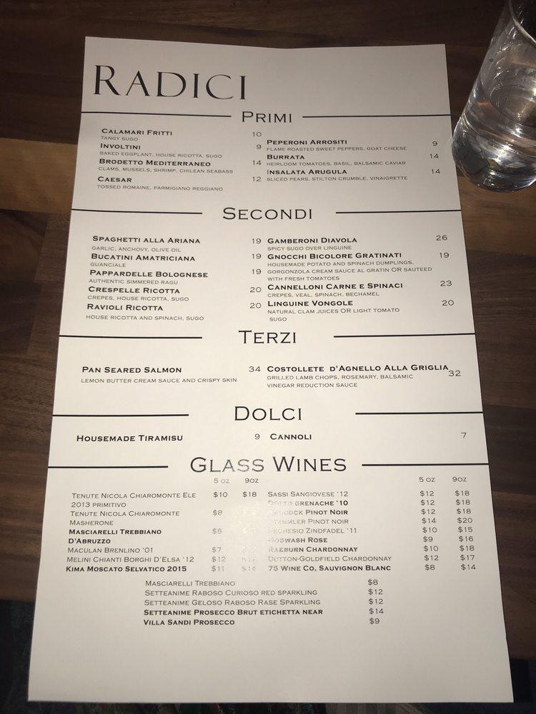 Menu at Radici restaurant, Hermosa Beach