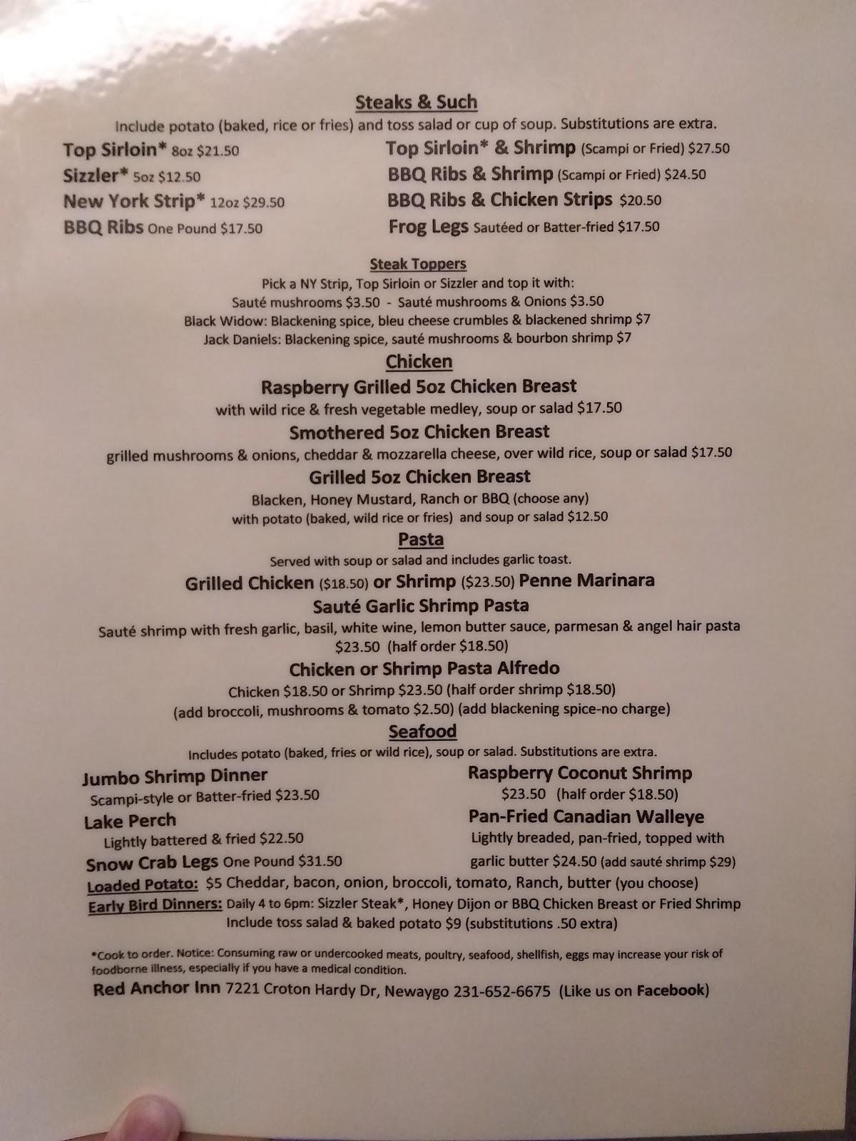 Menu at Red Anchor Inn restaurant, USA, S Croton Hardy Dr
