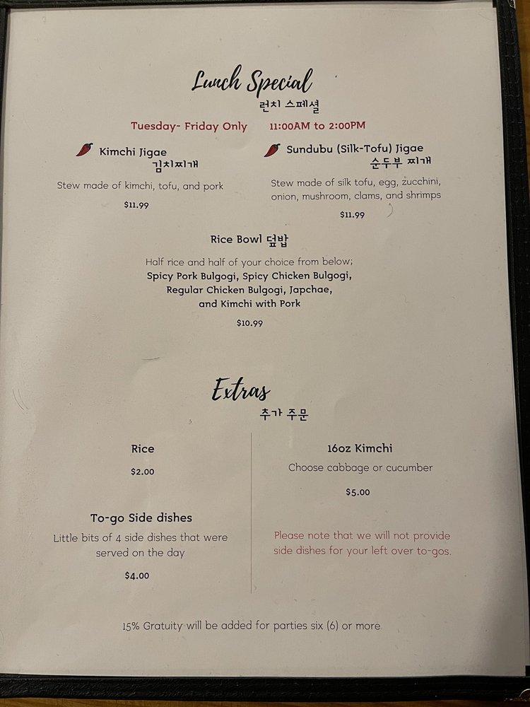 Menu at Seoul Korean Kitchen restaurant, Evans