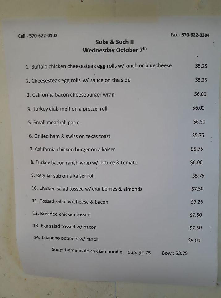 Menu at Subs N' Such restaurant, Pottsville