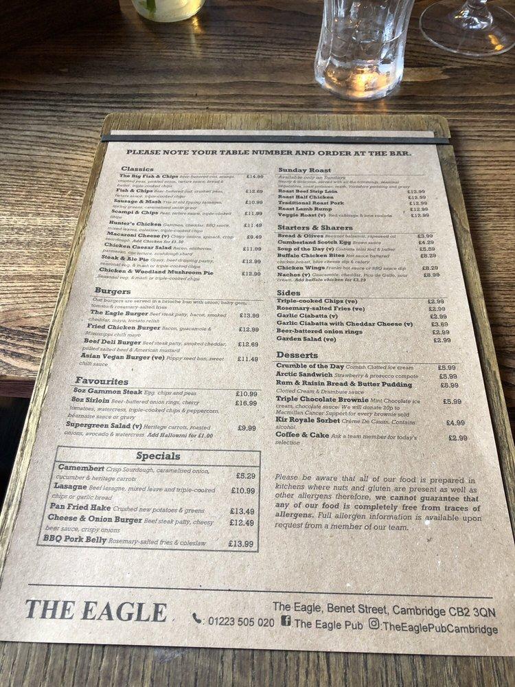 Menu at Eagle pub & bar, Cambridge