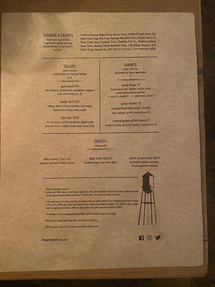 Menu at The Goodyear House pub & bar, Charlotte