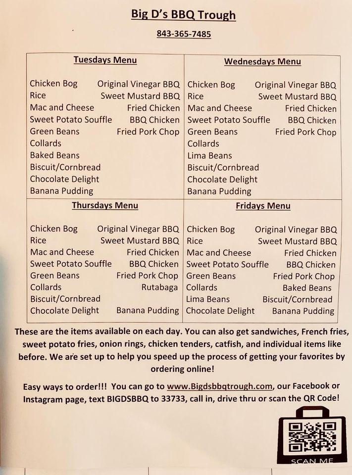 Menu at Big D's BBQ Trough, Conway