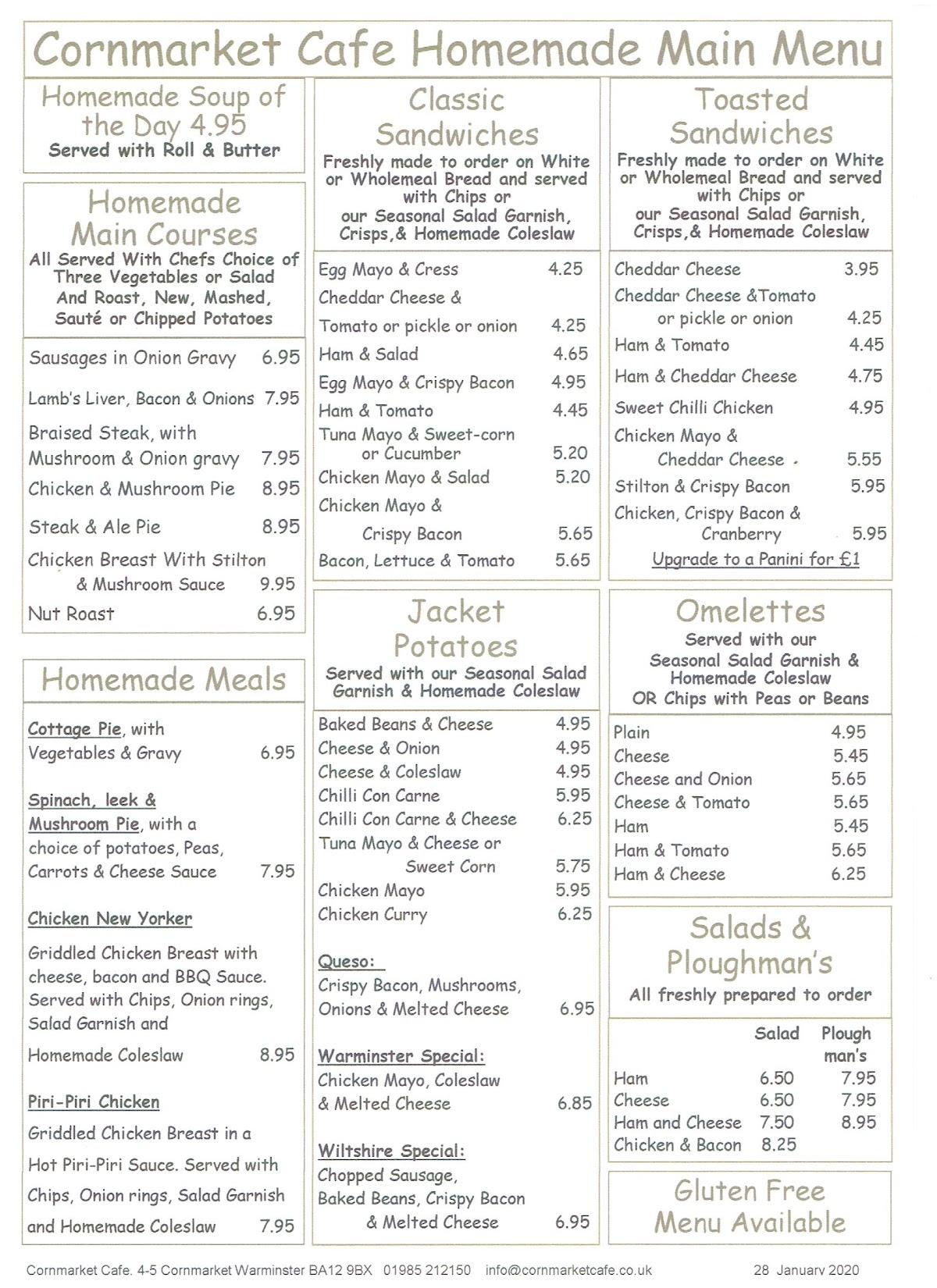 Menu at Cornmarket Cafe, Warminster