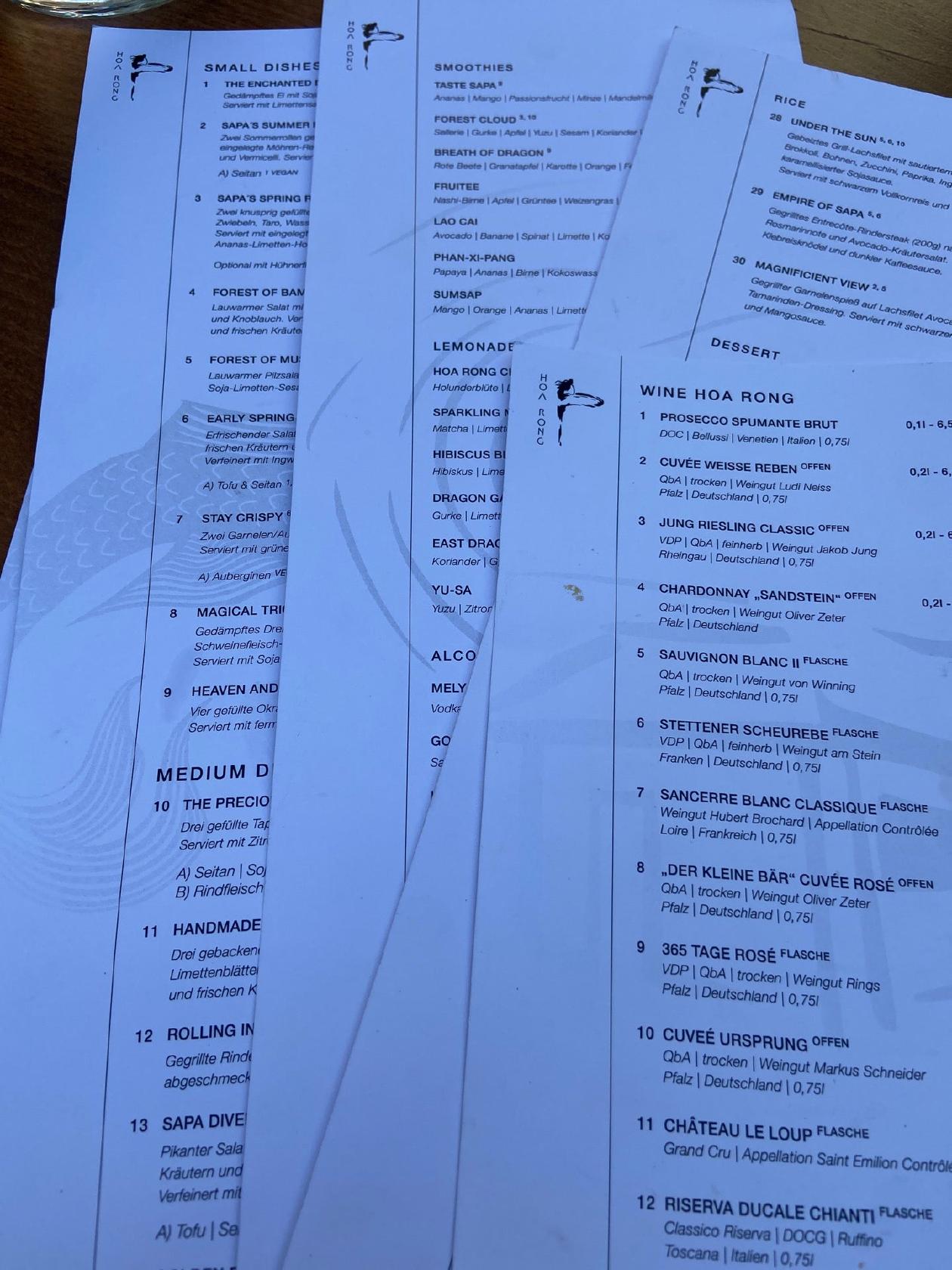 Menu at Hoa Rong restaurant, Berlin