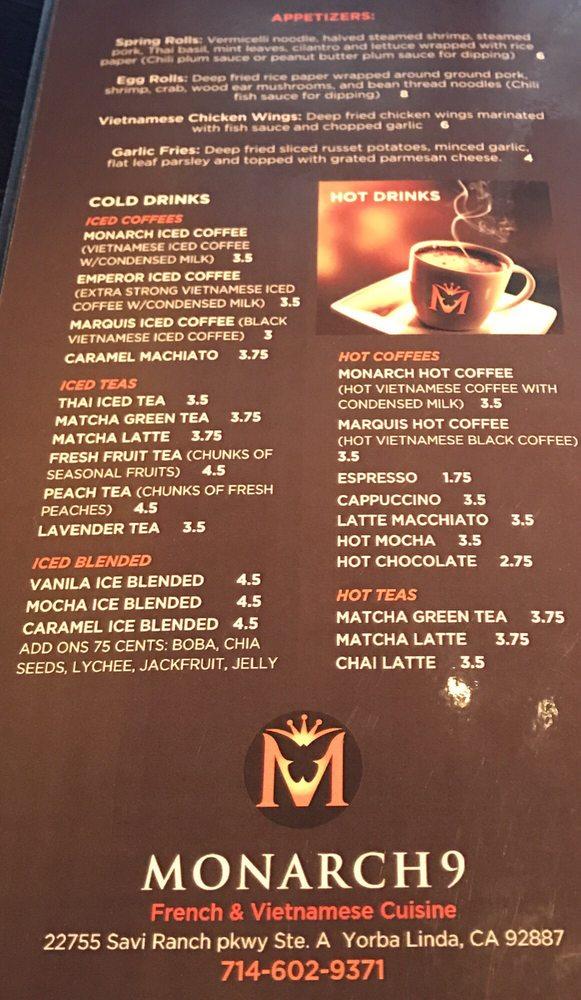 Menu at Monarch 9 restaurant, Yorba Linda