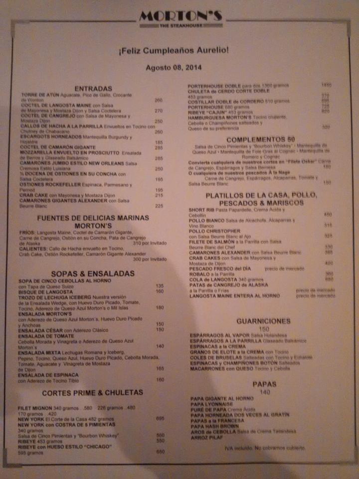 Menu at Morton's steakhouse, Ciudad López Mateos