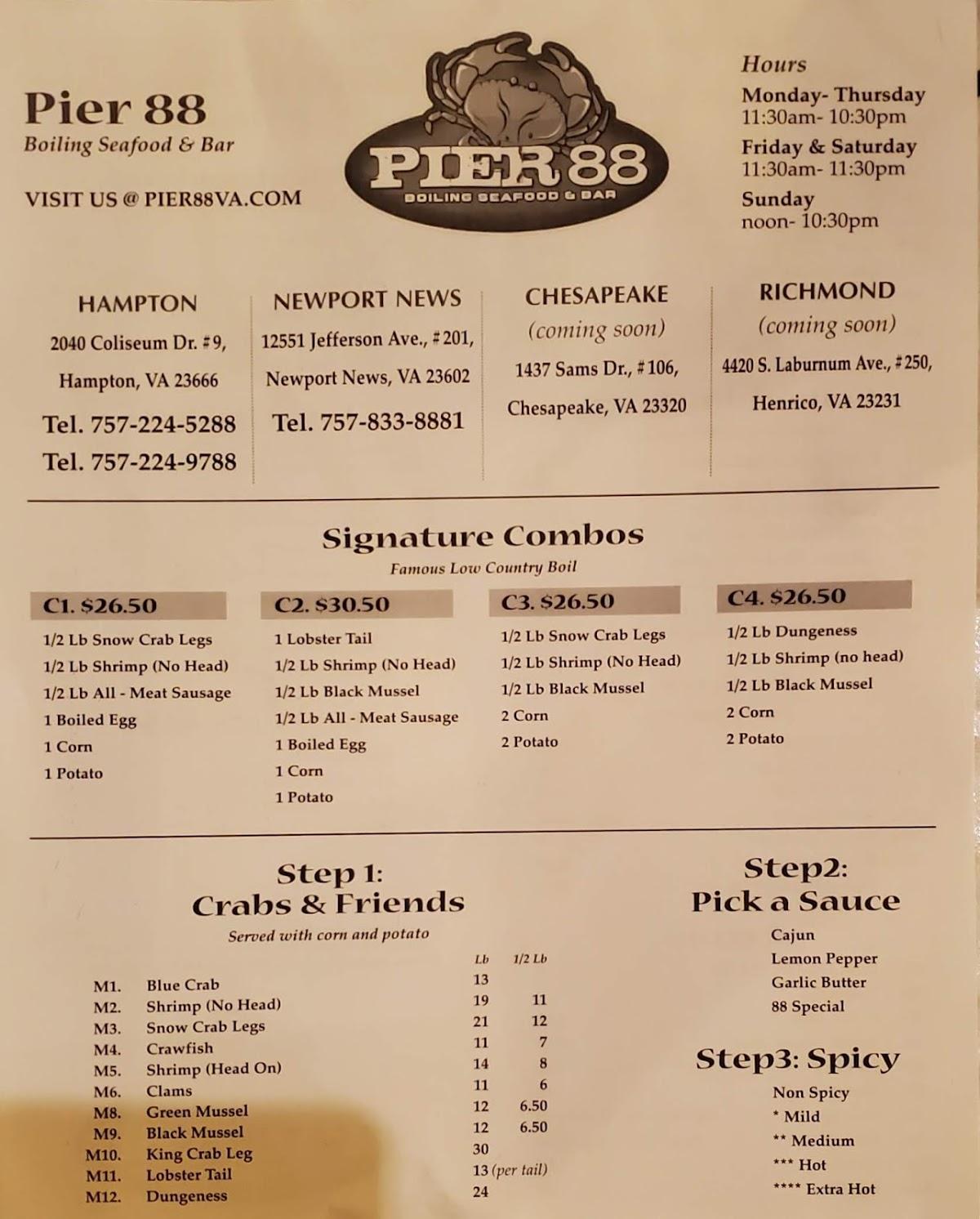 Menu at Pier 88 pub & bar, Hampton
