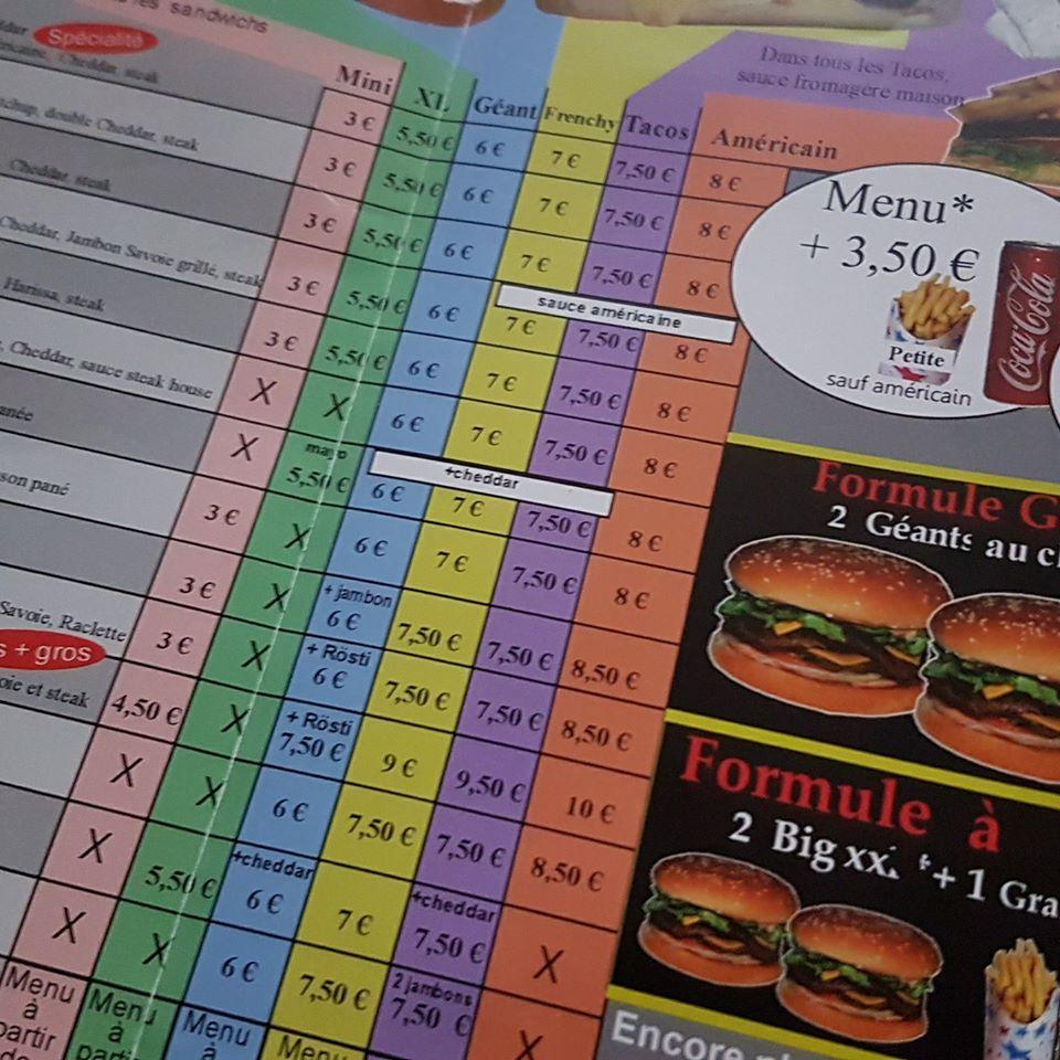 Menu at Planet Burger fast food, Évian-les-Bains