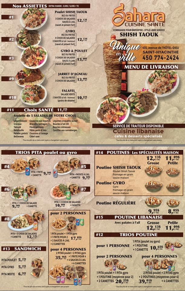Menu at Restaurant Sahara, Saint-Hyacinthe